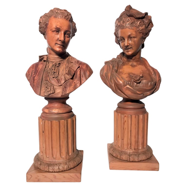 Pair or Set of French Grand Tour Terra Cotta Busts on Fluted Pine Bases ...