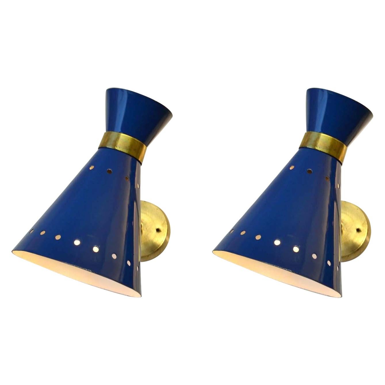 Pair of Blue and Brass Sconces Italy 1960's at 1stDibs