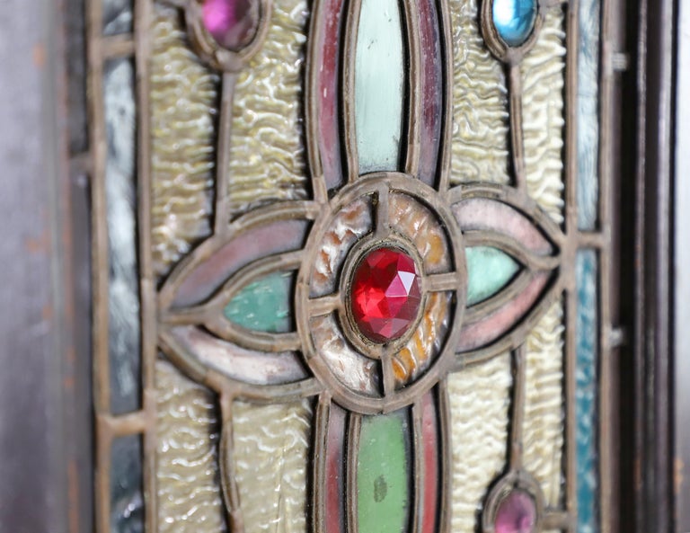 Pair Ornate Stained Glass Windows Gem Motif Design For Sale at 1stDibs