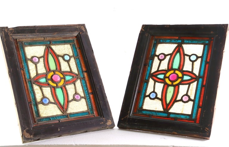 Pair Ornate Stained Glass Windows Gem Motif Design For Sale at 1stDibs