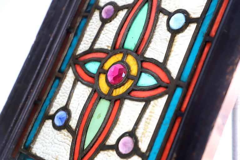 Pair Ornate Stained Glass Windows Gem Motif Design For Sale at 1stDibs