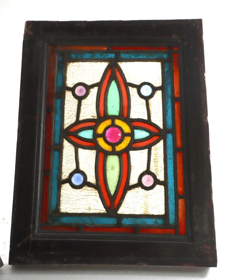 Pair Ornate Stained Glass Windows Gem Motif Design For Sale at 1stDibs