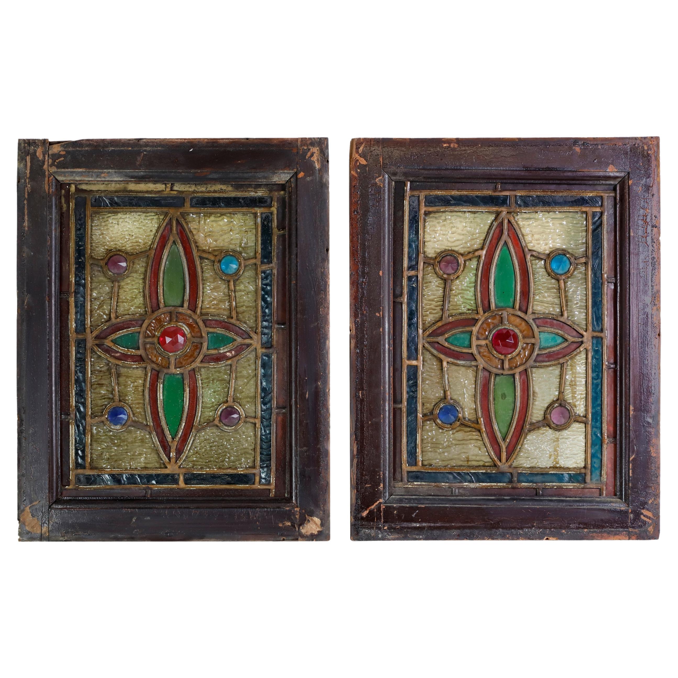 Pair Ornate Stained Glass Windows Gem Motif Design For Sale at 1stDibs