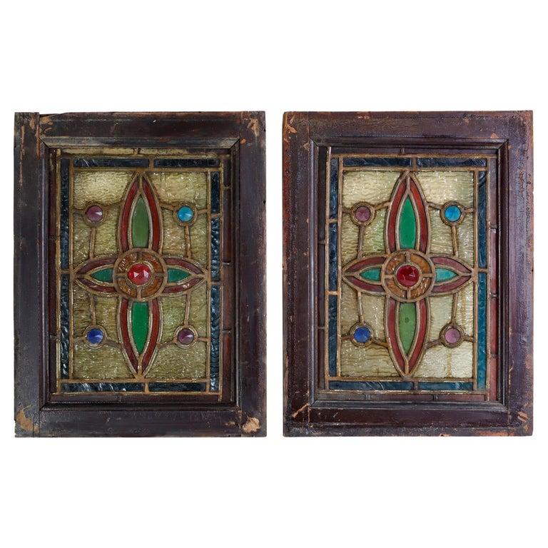 Pair Ornate Stained Glass Windows Gem Motif Design For Sale at 1stDibs