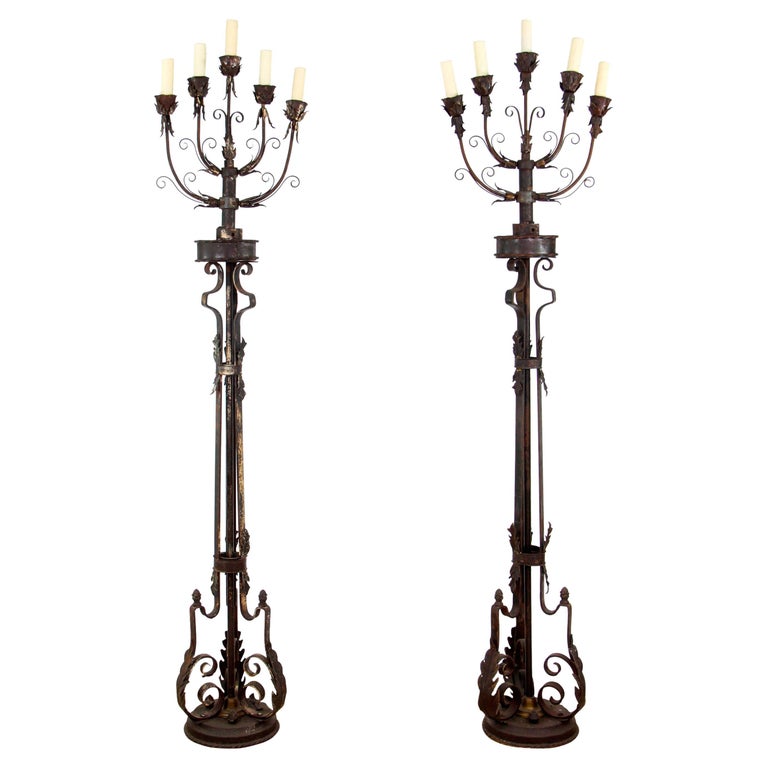 Pair Ornate Wrought Iron 5 Light Candelabra Floor Lamps For Sale at 1stDibs