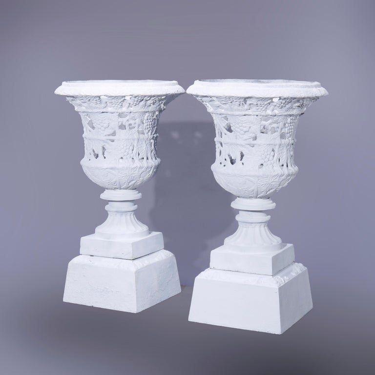 Pair Oversized Cast Iron Reticulated Grape and Leaf Garden Urns and ...