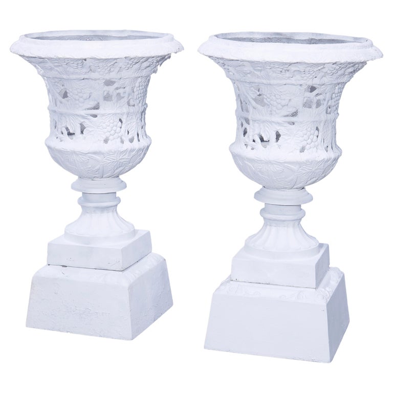 Pair Oversized Cast Iron Reticulated Grape and Leaf Garden Urns and ...