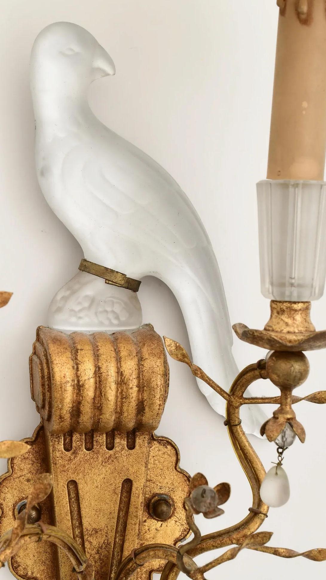 Pair Parrot Form Gilt Metal and Frosted Glass Sconces After Maison ...
