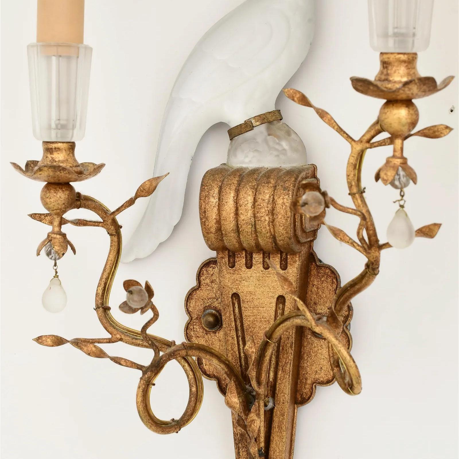 Pair Parrot Form Gilt Metal and Frosted Glass Sconces After Maison ...