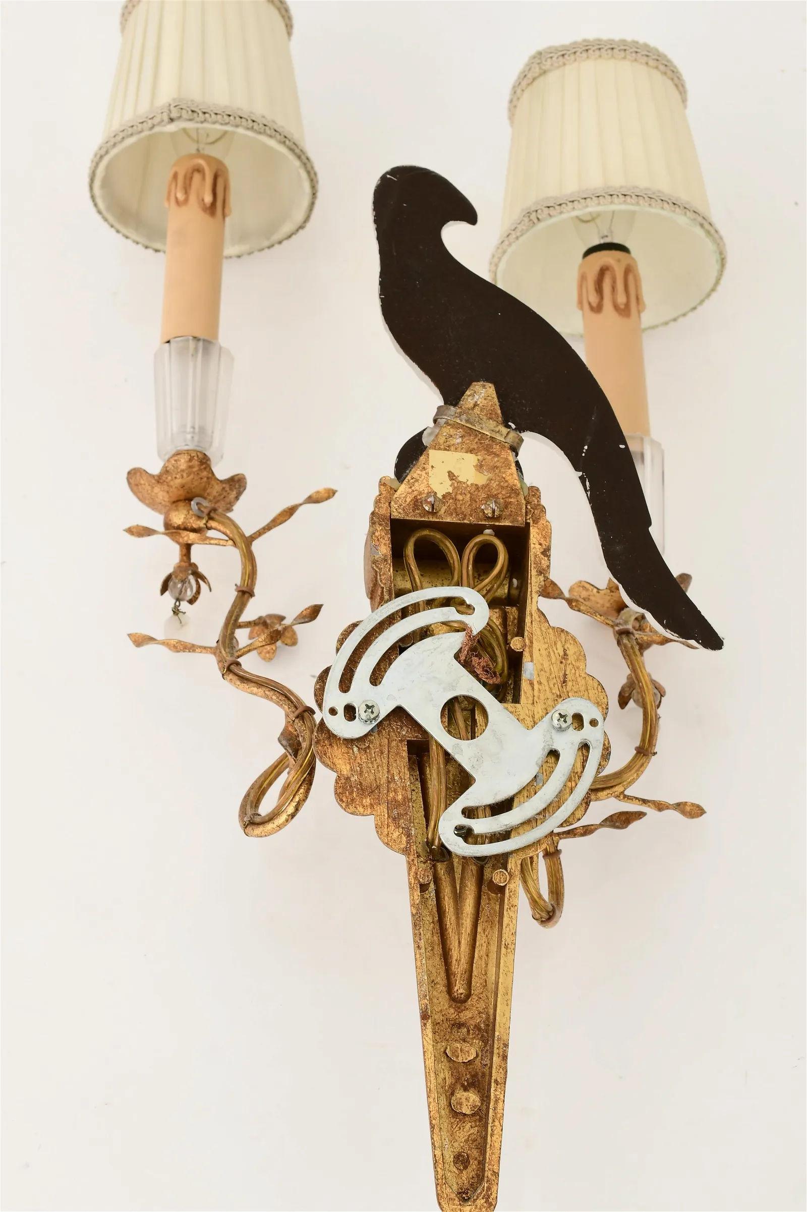 Pair Parrot Form Gilt Metal and Frosted Glass Sconces After Maison ...