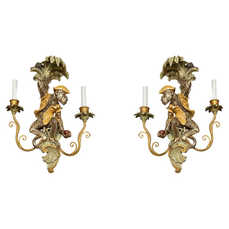 Pair Polychrome Carved Wooden Monkey Form Sconces For Sale at 1stDibs