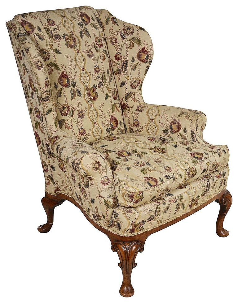 Pair Queen Anne Style Walnut Wing Arm Chairs, circa 1920 at 1stDibs