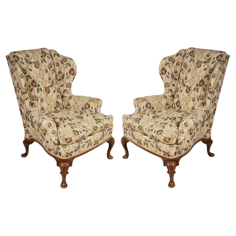 Pair Queen Anne Style Walnut Wing Arm Chairs, circa 1920 at 1stDibs