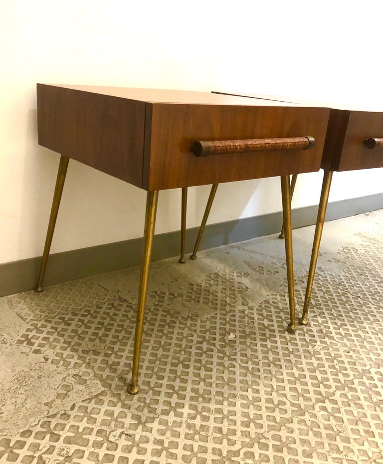 Pair Robsjohn Gibbings Side Tables with Raffia Cane-Wrapped Pulls For ...