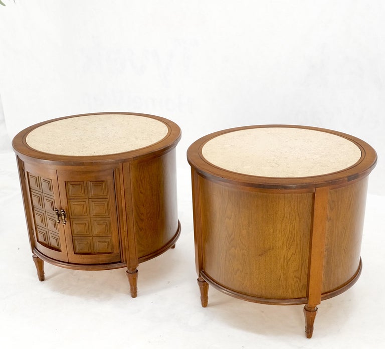 Pair Round Drum Barrel Shape Travertine Top Two Doors End Side Tables ...