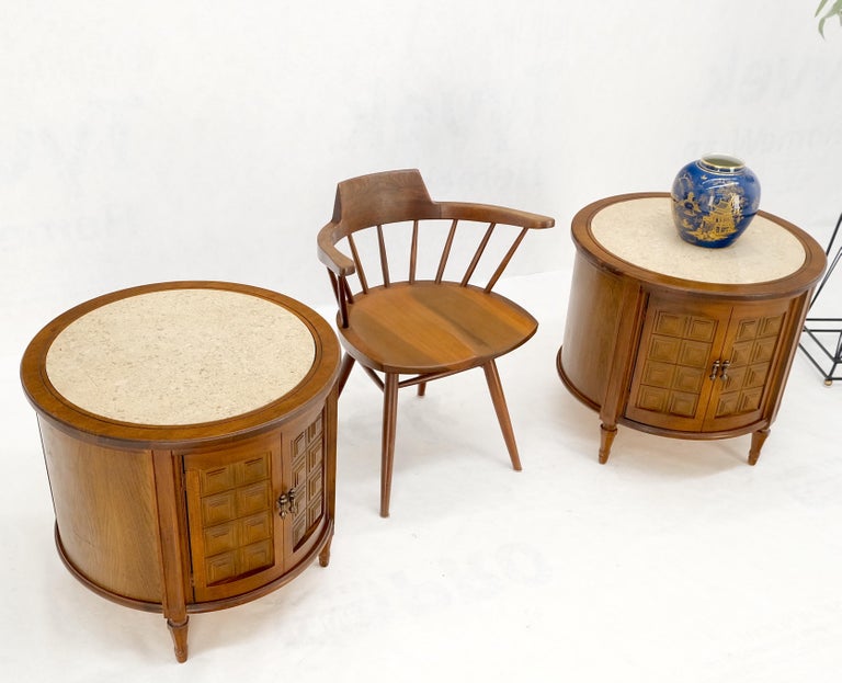 Pair Round Drum Barrel Shape Travertine Top Two Doors End Side Tables ...