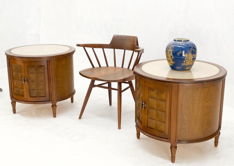 Pair Round Drum Barrel Shape Travertine Top Two Doors End Side Tables ...