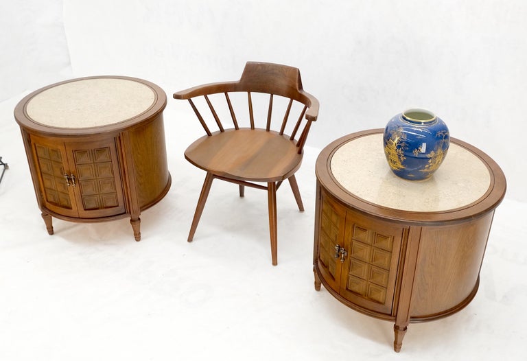 Pair Round Drum Barrel Shape Travertine Top Two Doors End Side Tables ...