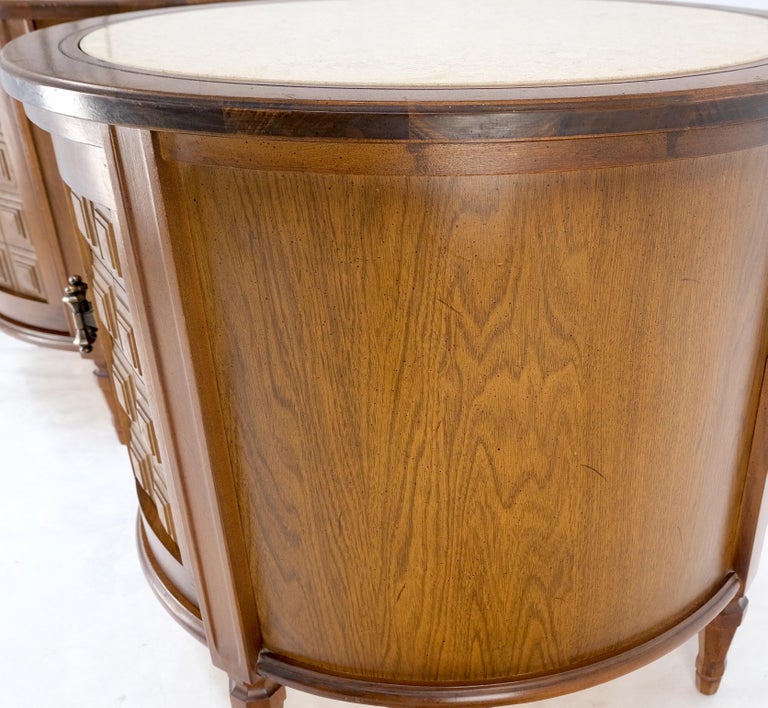 Pair Round Drum Barrel Shape Travertine Top Two Doors End Side Tables ...