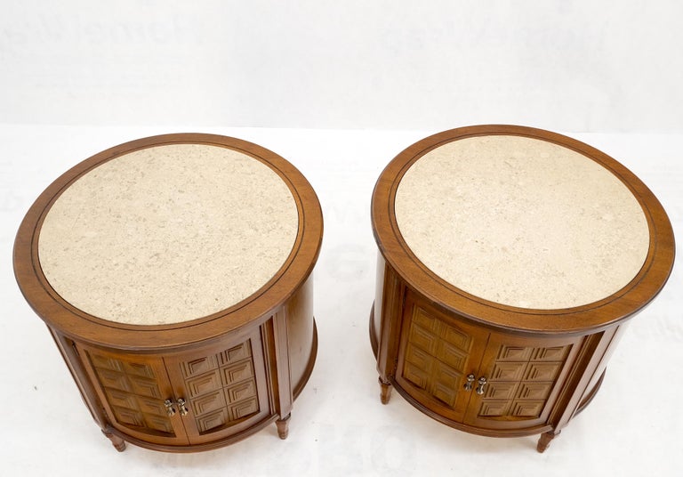 Pair Round Drum Barrel Shape Travertine Top Two Doors End Side Tables ...