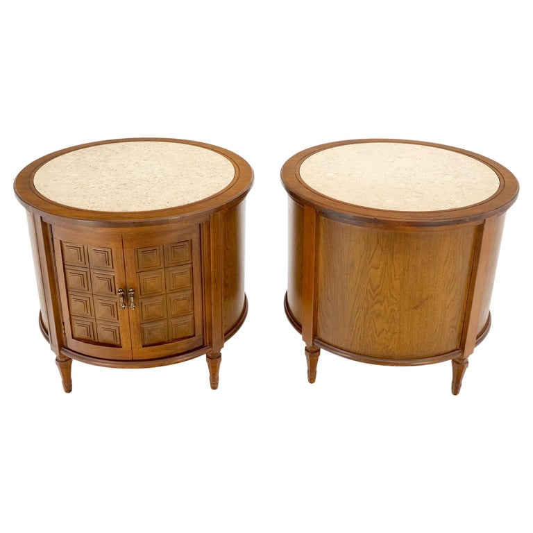 Pair Round Drum Barrel Shape Travertine Top Two Doors End Side Tables ...