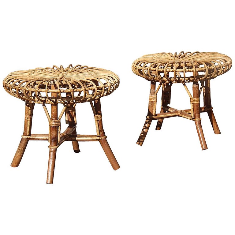 Pair of Round Midcentury Stools Bamboo Curved Minimal Italian Design ...