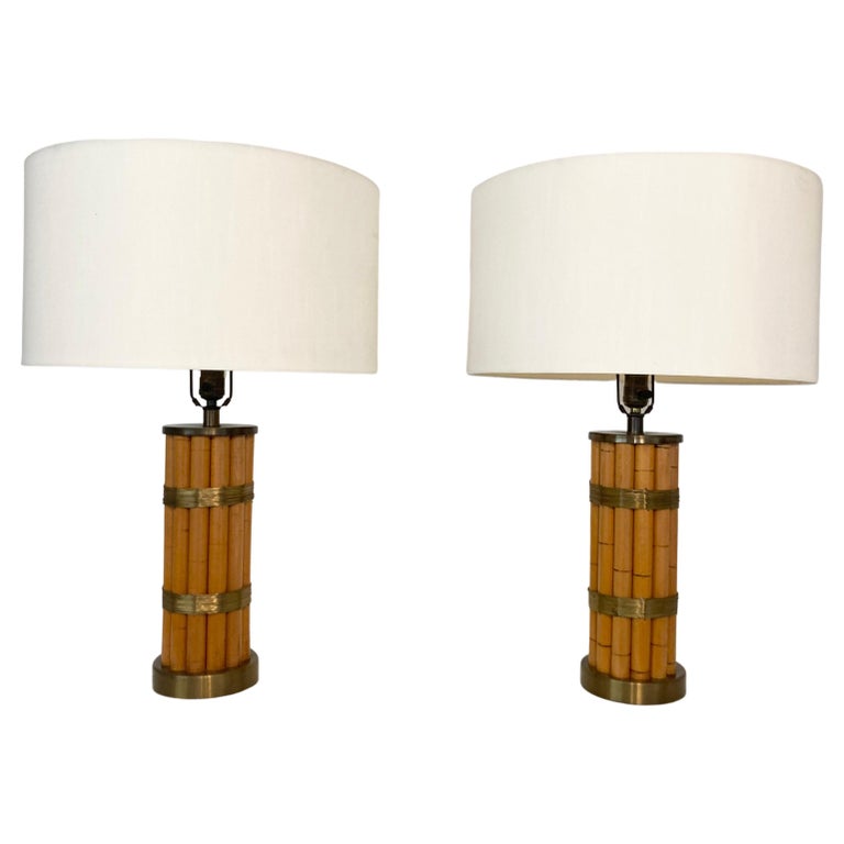 Pair Russel Wright Faux Bamboo Brass Wrap Table Lamps, Mid Century ...
