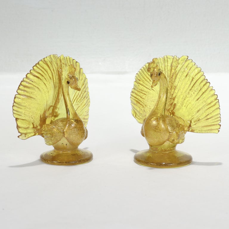 Pair Salviati Attributed Venetian/Murano Glass Peacock Place Card ...