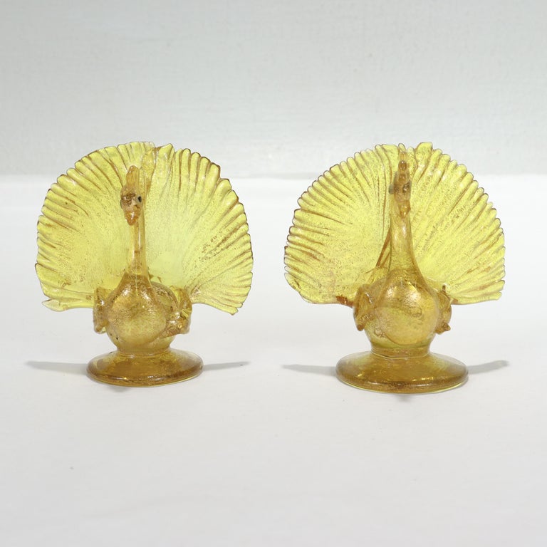 Pair Salviati Attributed Venetian/Murano Glass Peacock Place Card ...