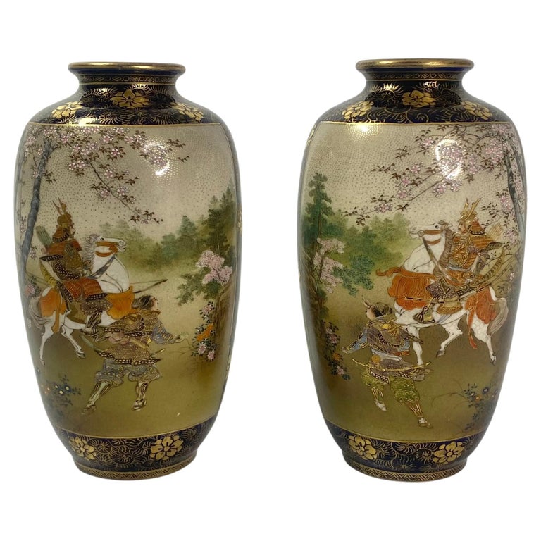 Pair Satsuma pottery vases. Samurai on horses. Kinkozan, Meiji Period ...