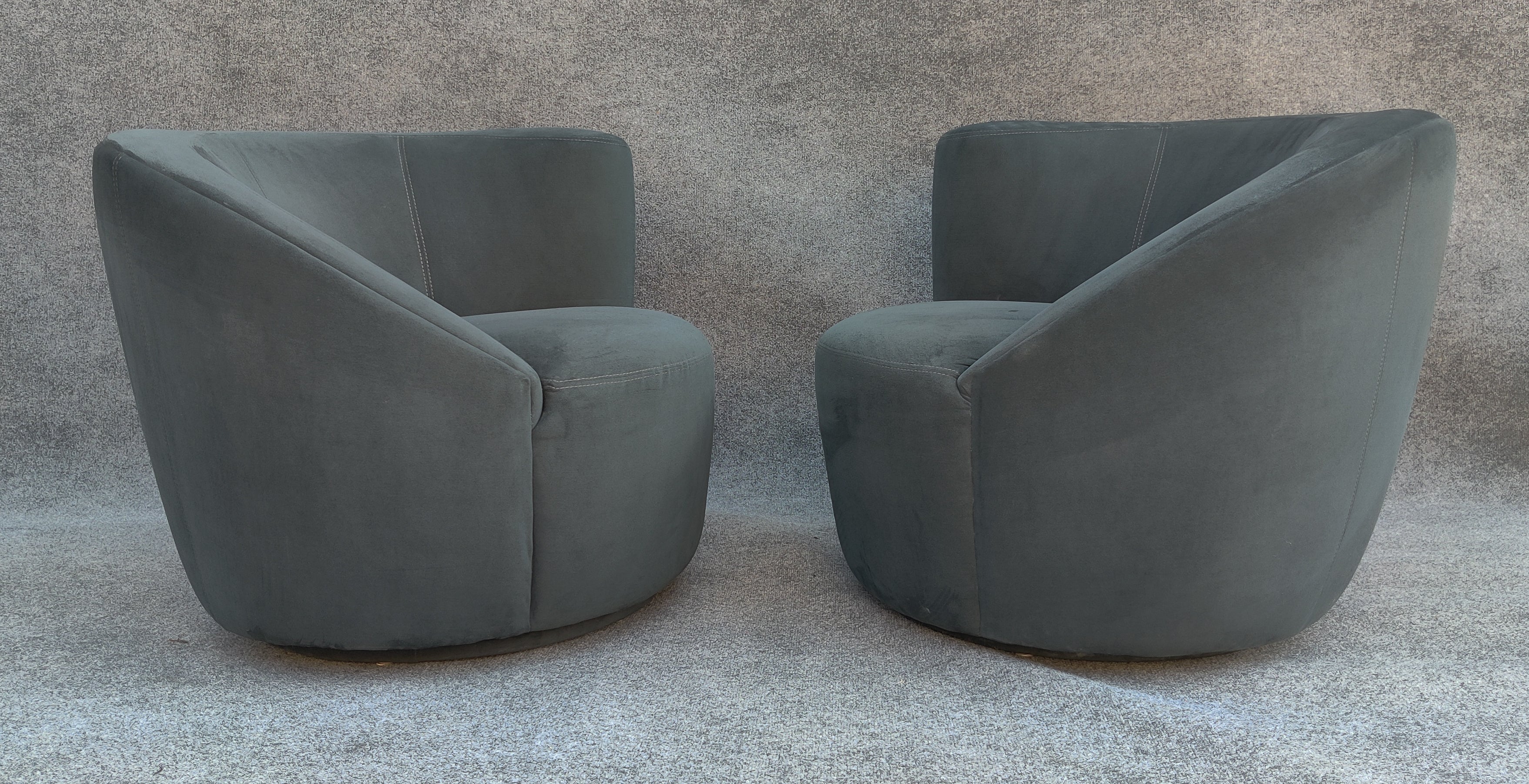 Pair Scroll Corkscrew Dark Green Suede Swivel Lounge Chairs Mid-Century ...