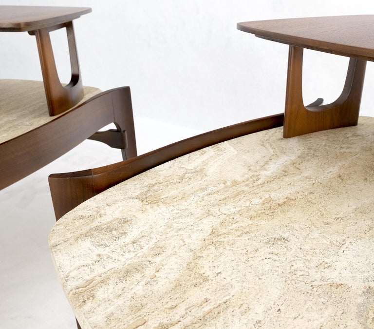 Pair Sculptural 1970s Walnut Travertine Tops Step Side End Tables ...