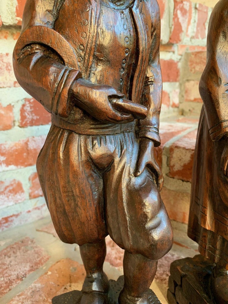 PAIR Set Antique Carved Wood French Breton Brittany Statue Figurine ...
