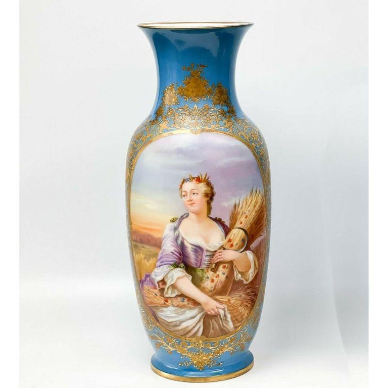 Pair Sevres Style Hand Painted Large Porcelain Portrait Urns, Late 19th ...