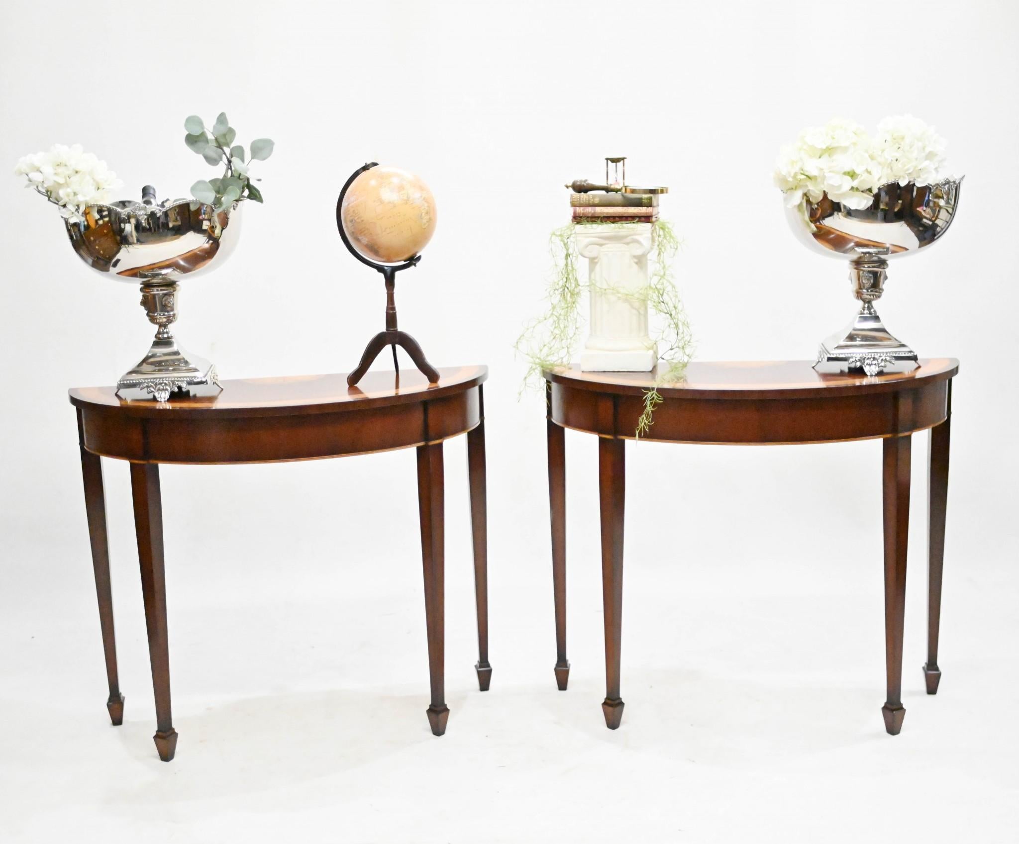 Pair Sheraton Console Tables Mahogany Hall Demi Lune at 1stDibs