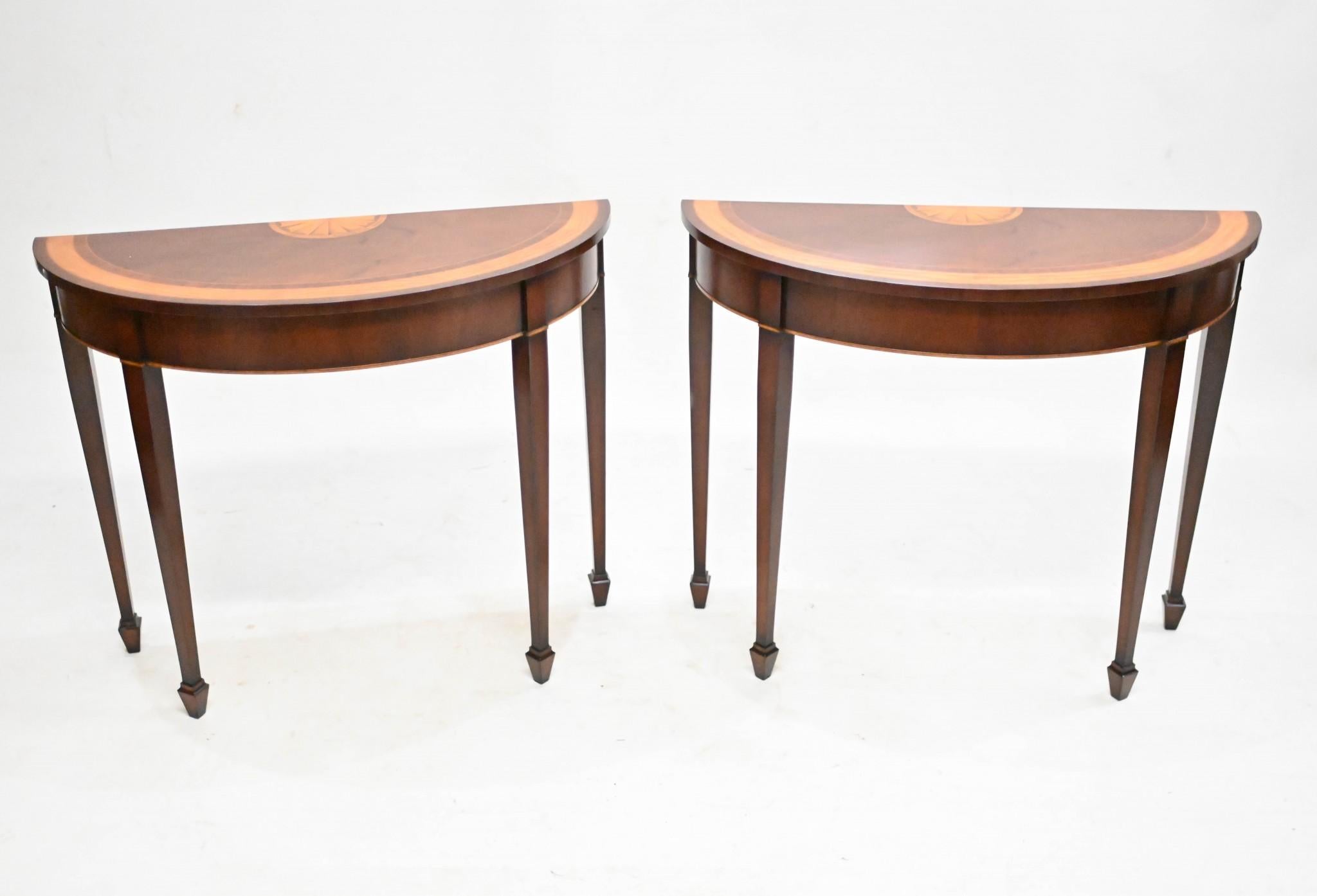 Pair Sheraton Console Tables Mahogany Hall Demi Lune at 1stDibs