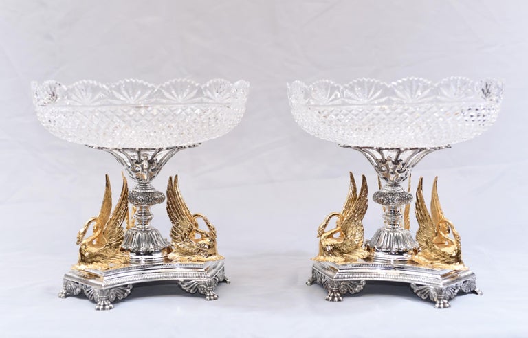 Pair Silver Plate Swan Dishes, Sheffield Epergnes Gilt Dippers Cut ...