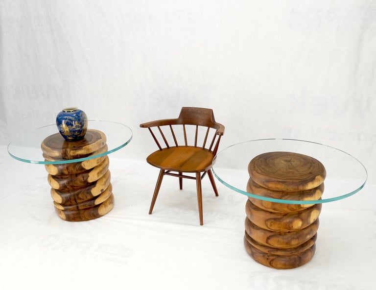 Pair Solid Carved Wood Cylinder Shape Bases Glass Top End Side Tables ...
