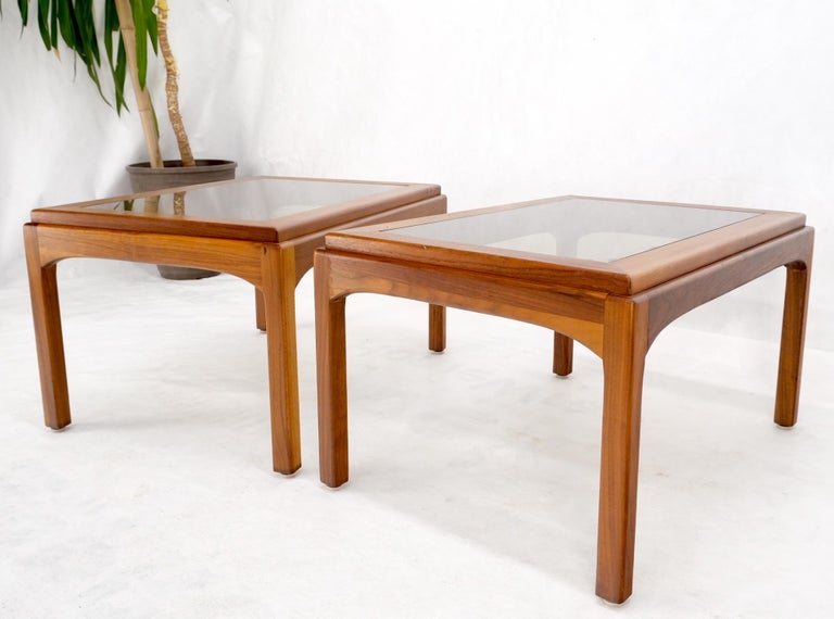 Pair Solid Oiled Walnut Smoked Glass Rectangle End Tables Stands Mid ...