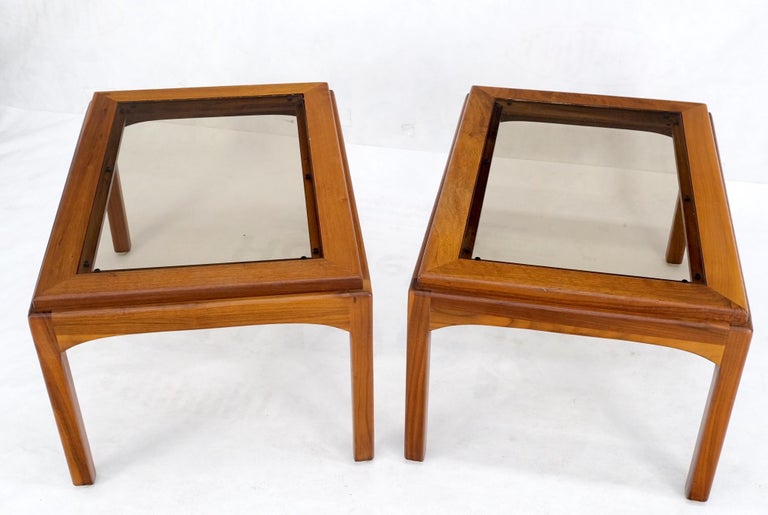Pair Solid Oiled Walnut Smoked Glass Rectangle End Tables Stands Mid ...