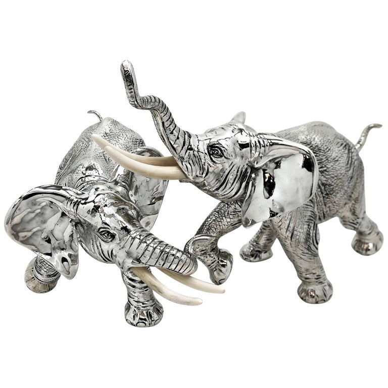 Pair of Solid Silver Elephant Models Figures German circa 1930 Large at ...