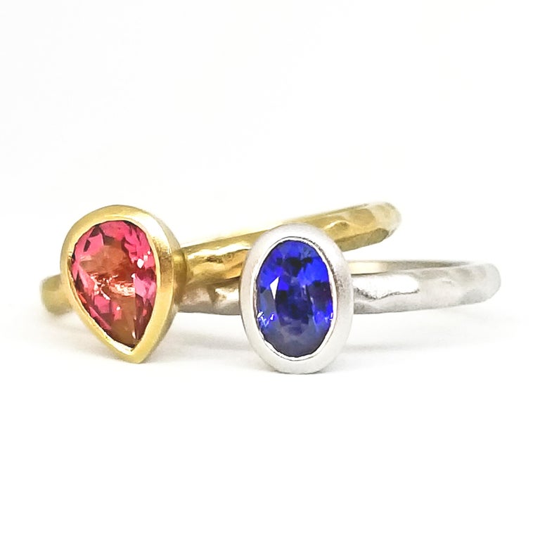 Stacking Rings Bezel Set Blue Sapphire Pink Tourmaline Hammered Matte ...