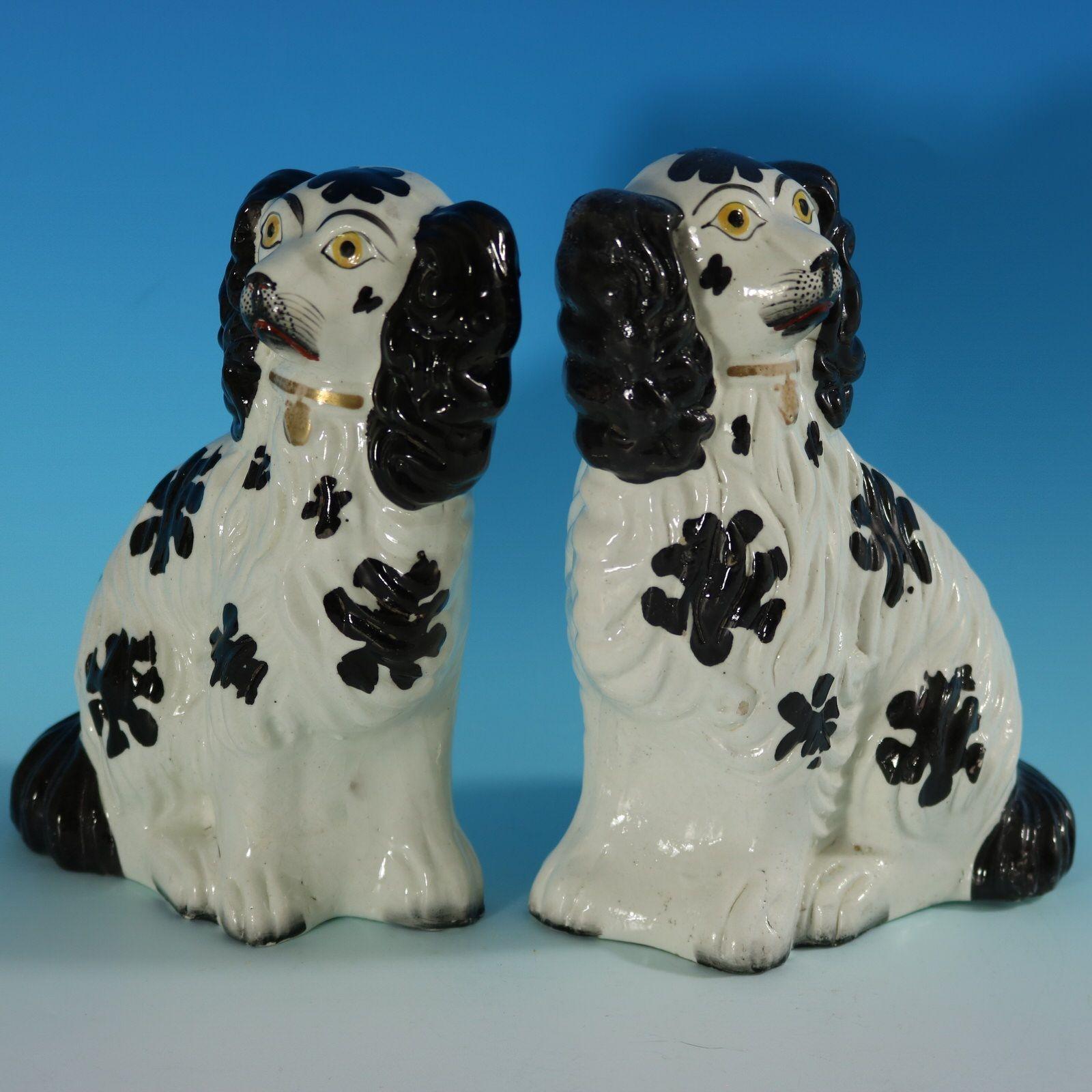 Pair Staffordshire Pottery Black and White Spaniels at 1stDibs