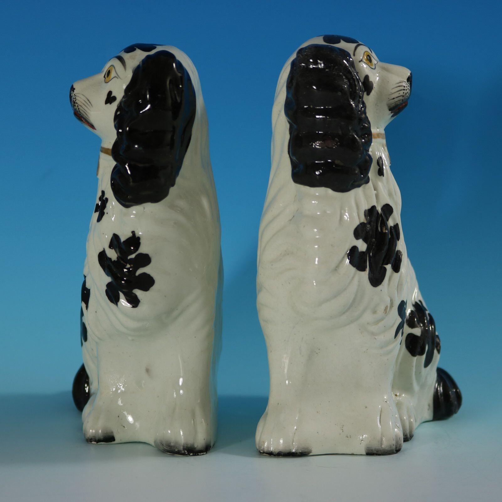 Pair Staffordshire Pottery Black and White Spaniels at 1stDibs