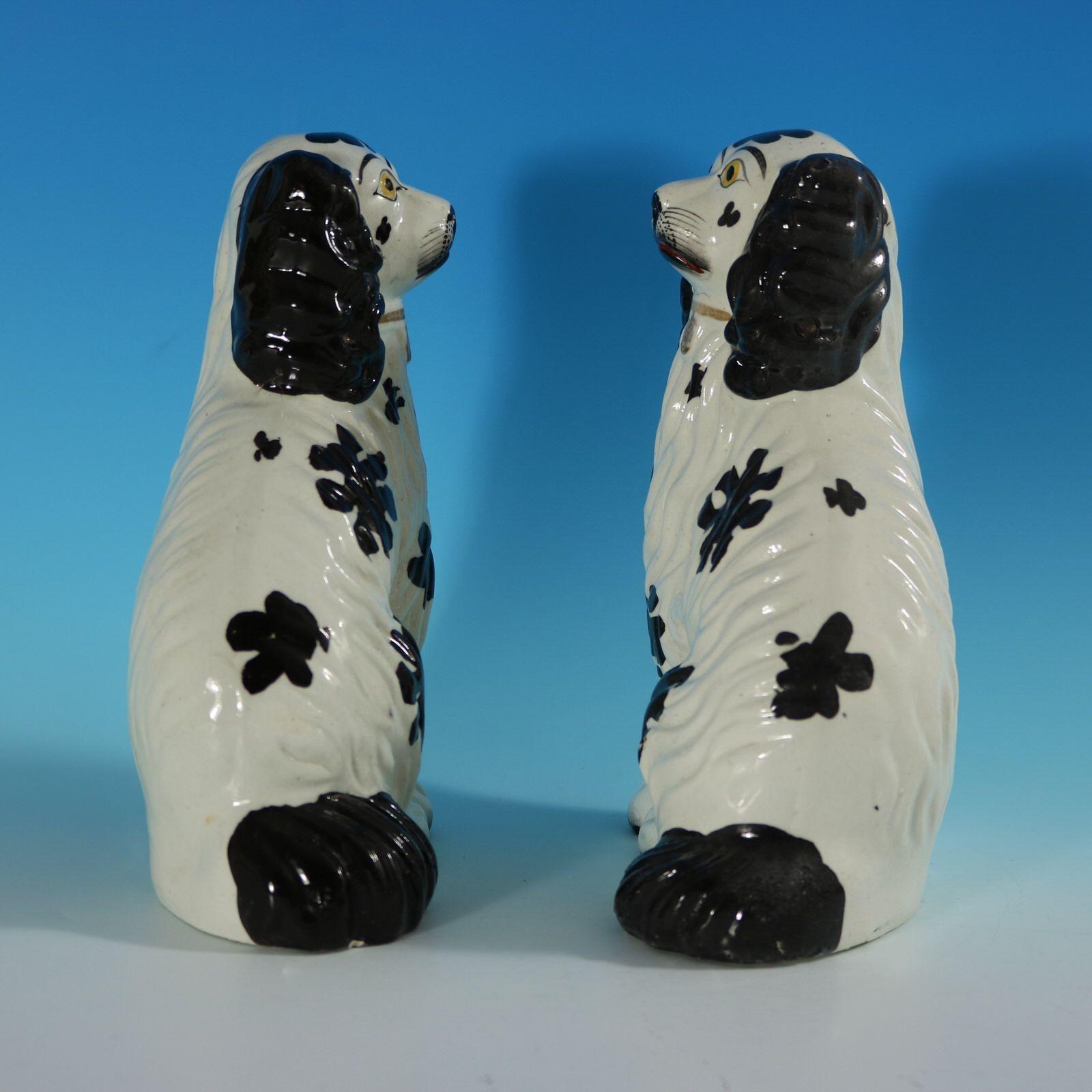 Pair Staffordshire Pottery Black and White Spaniels at 1stDibs