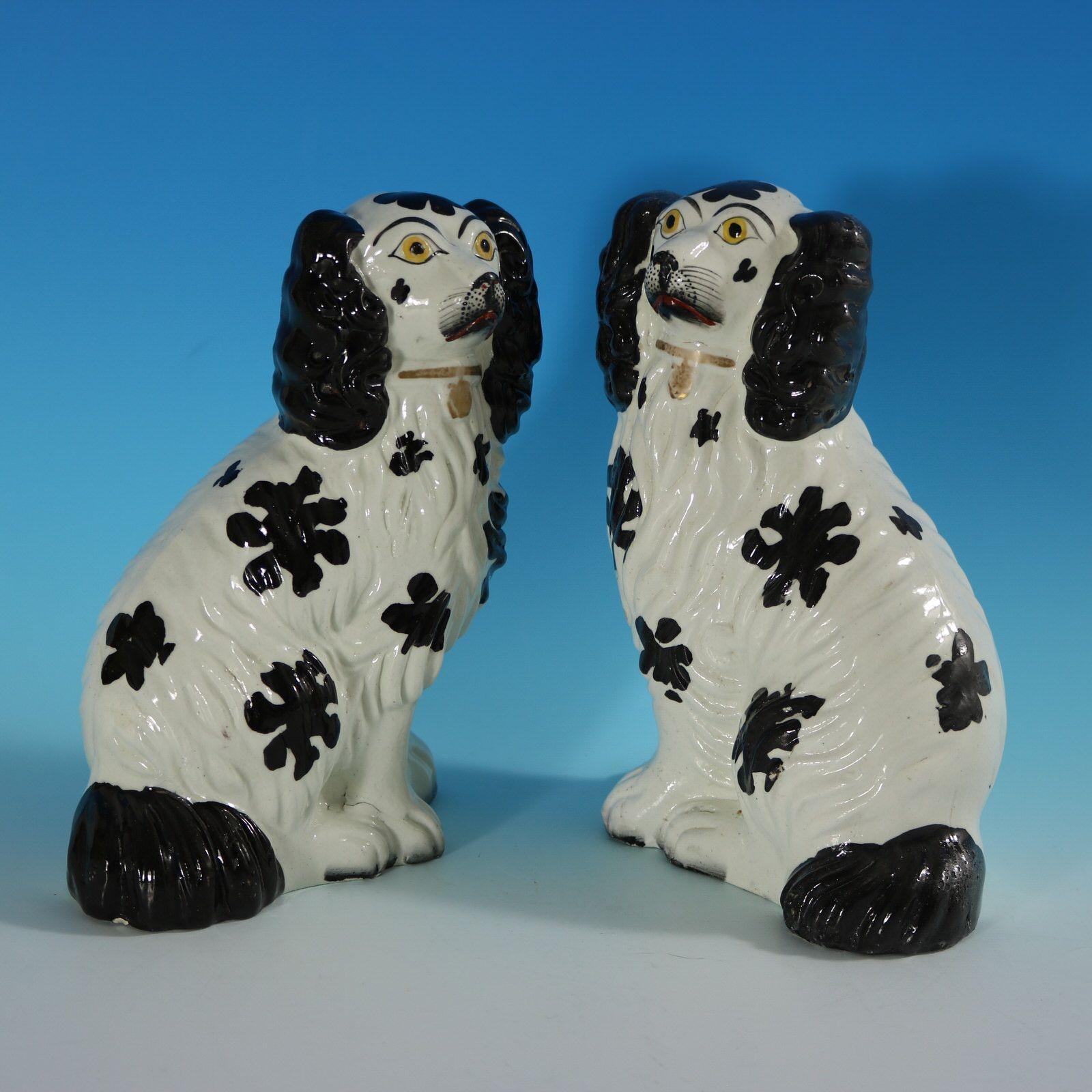 Pair Staffordshire Pottery Black and White Spaniels at 1stDibs