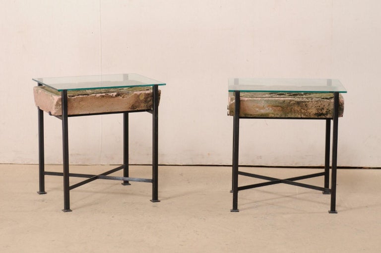 Pair Tables w/Antique French Leaf-Carved Stone Slabs w/ Metal Bases and ...