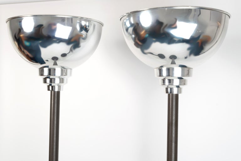Pair Tall English Art Deco Chrome Uplighter Floor Lamps For Sale at 1stDibs