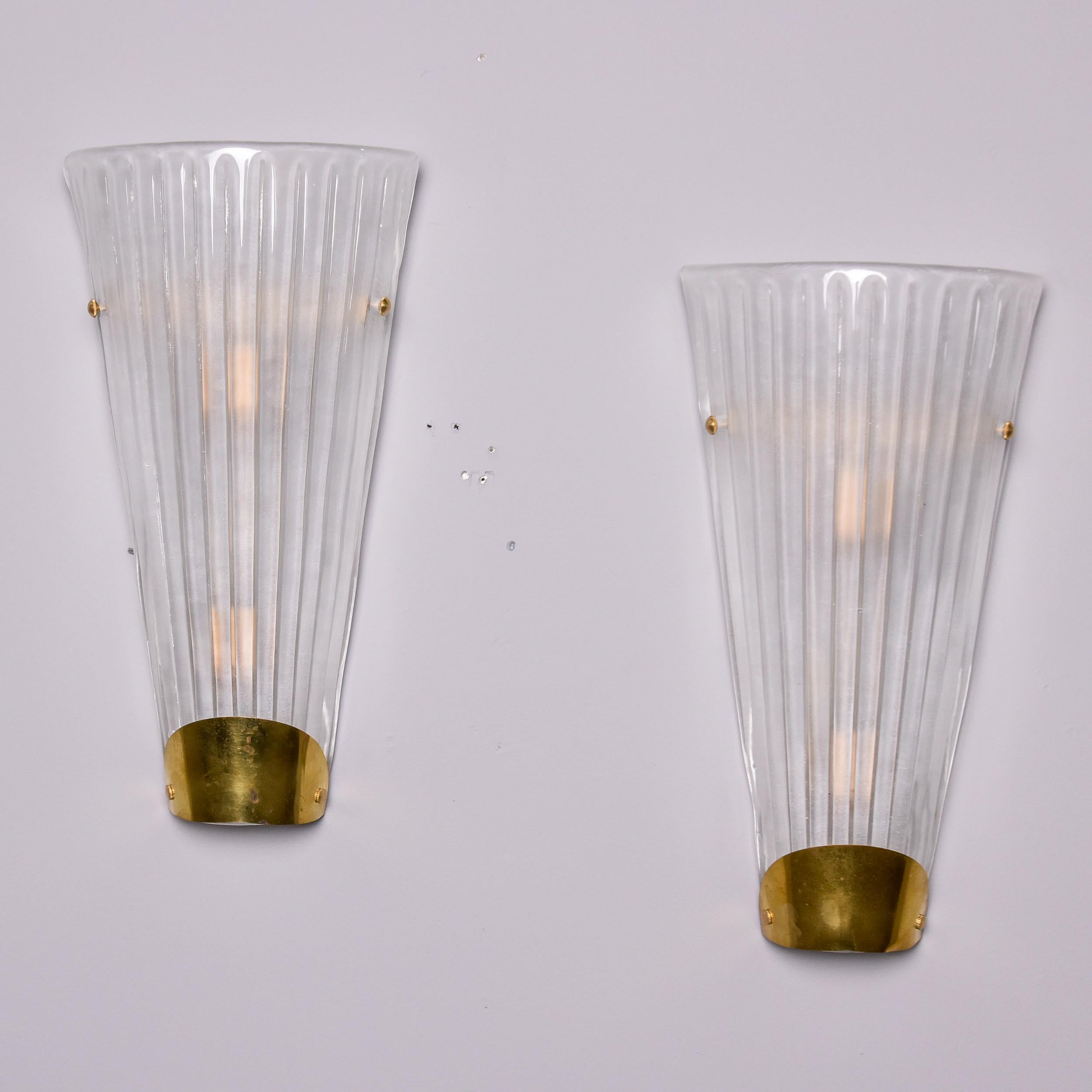 Pair Tall Fluted White Murano Glass Sconces with Brass Base For Sale at ...