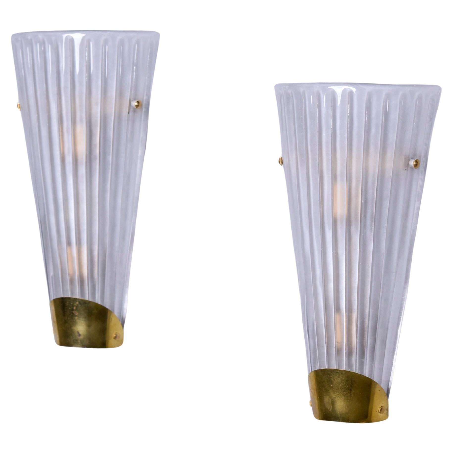 Pair Tall Fluted White Murano Glass Sconces with Brass Base For Sale at ...